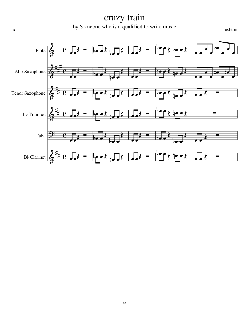 Crazy train final Sheet music for Tuba, Flute, Clarinet in b-flat ...