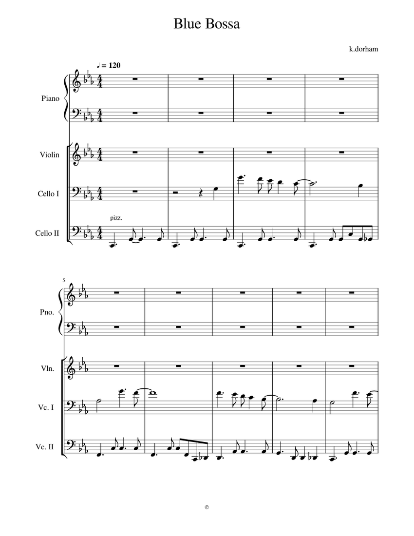 blue bossa by Kenny Dorham for 2 celli violin and piano Sheet music for ...