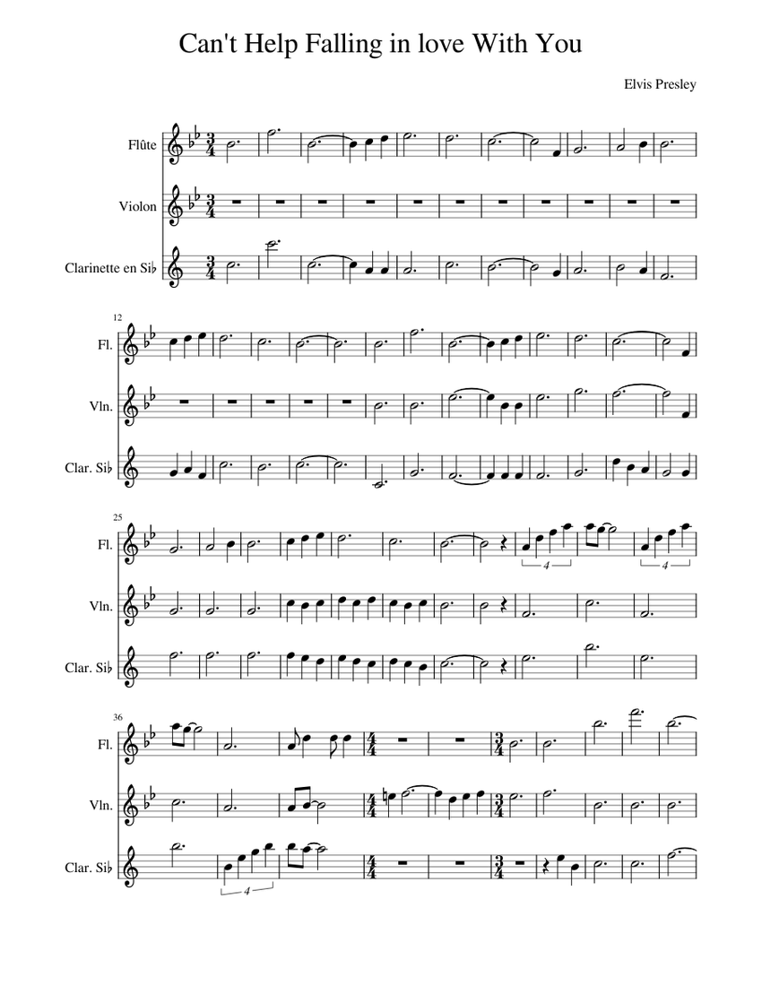 Can't Help Falling in love With You Sheet Music for Flute, Clarinet in ...