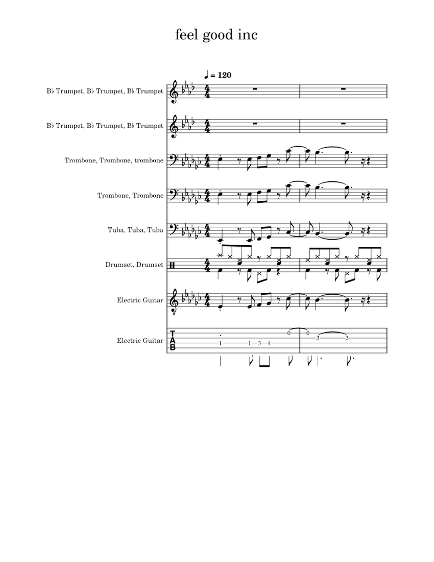 feel good inc Sheet Music and Tab for Trombone, Tuba, Trumpet in b-flat ...
