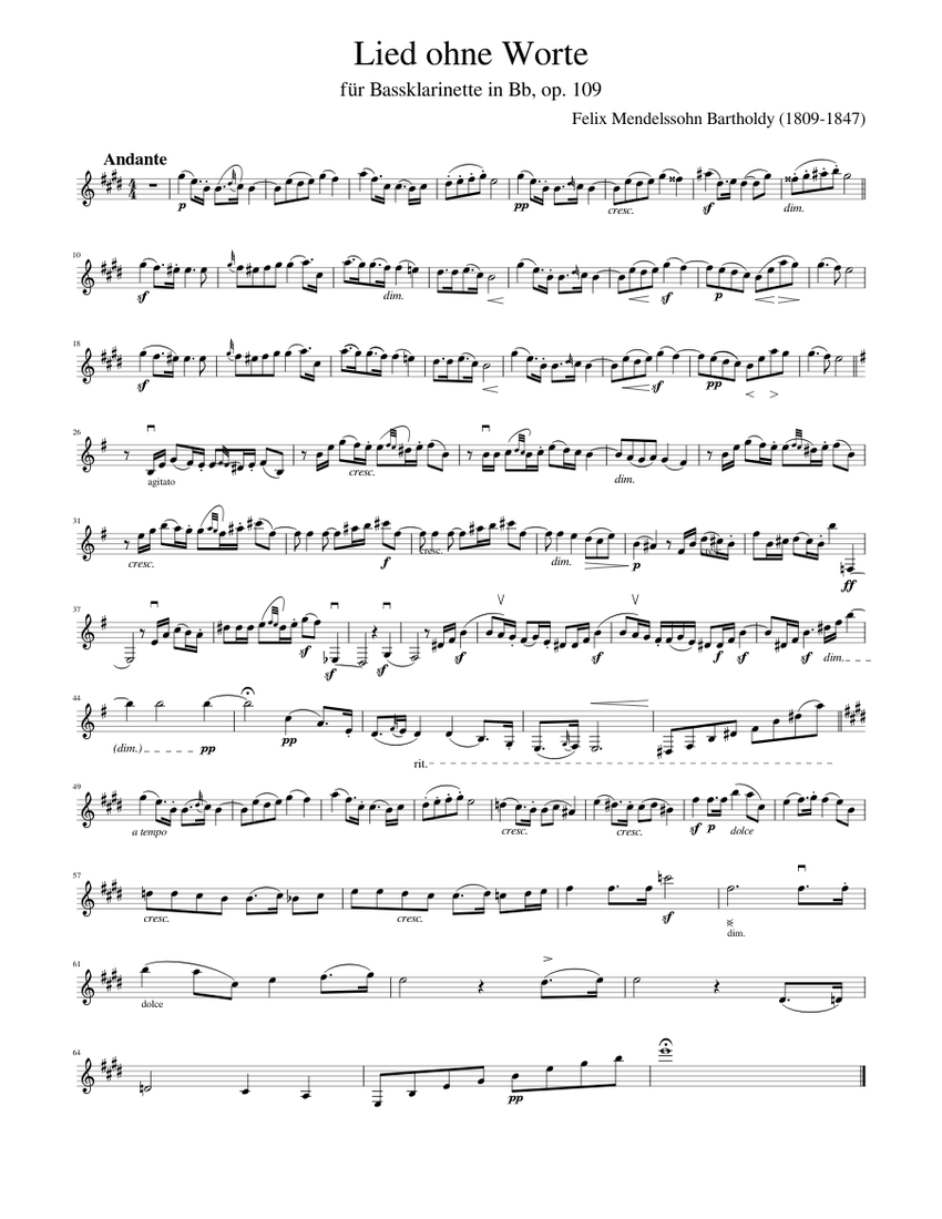 Lied Ohne Worte, Op.109 – Felix Mendelssohn for bass clarinett in Bb ...