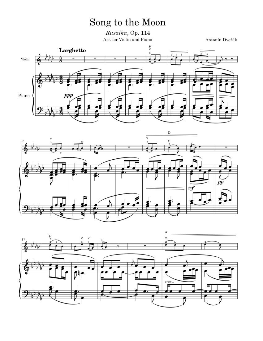 Song to the Moon – Antonín Dvořák Sheet music for Piano, Violin (Mixed ...