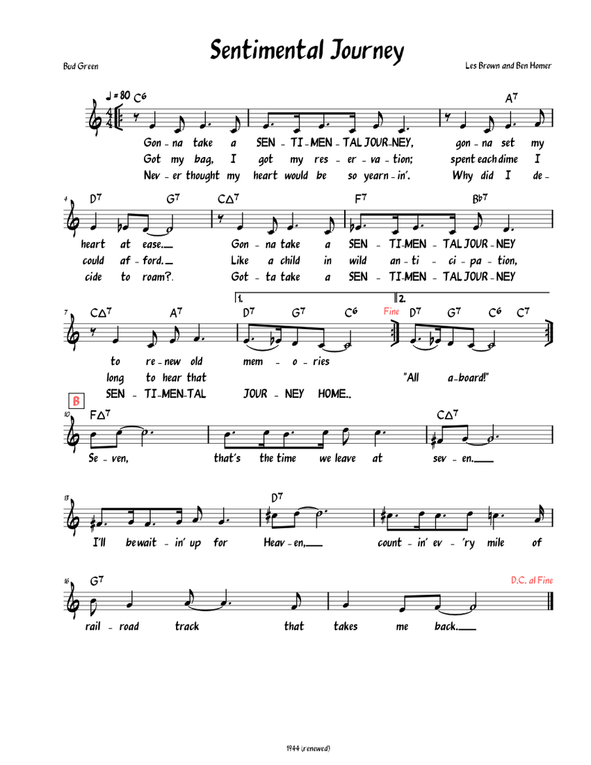 Sentimental Journey (Lead sheet with lyrics ) Sheet Music with Chords ...