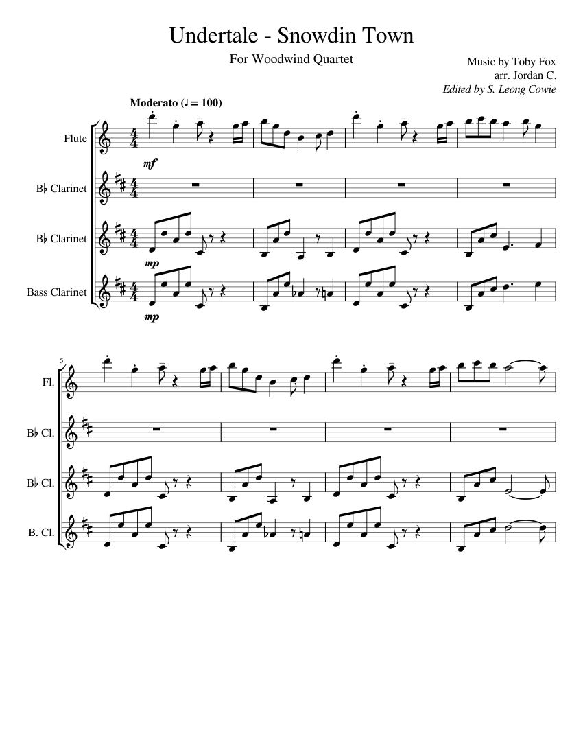 Undertale - Snowdin Town For Woodwind Quartet Sheet music for Flute ...