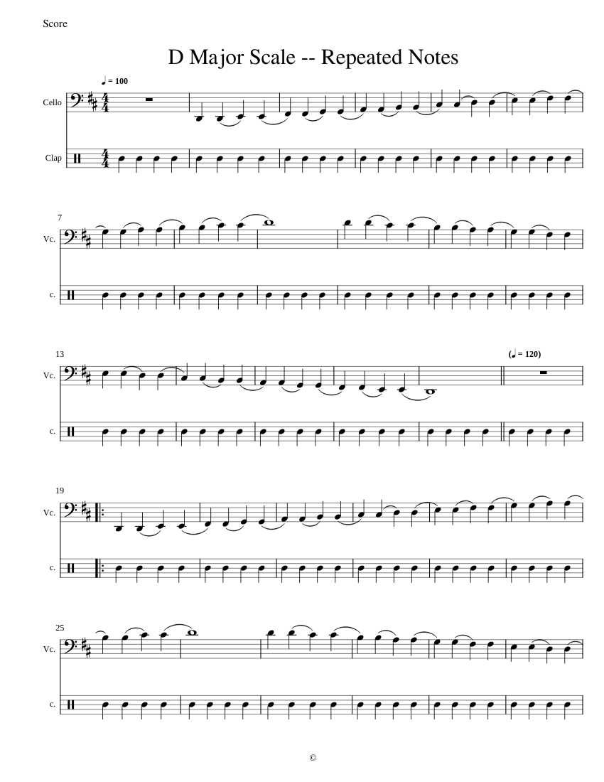 D Major: Repeated Notes Sheet music for Cello, Hand clap (Mixed Duet ...