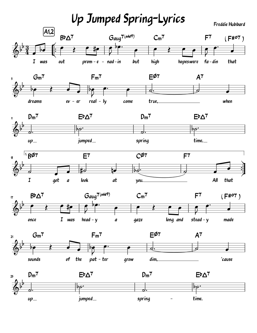 Up Jumped Spring-Lyrics Sheet Music with Chords for Piano (Solo) easy ...