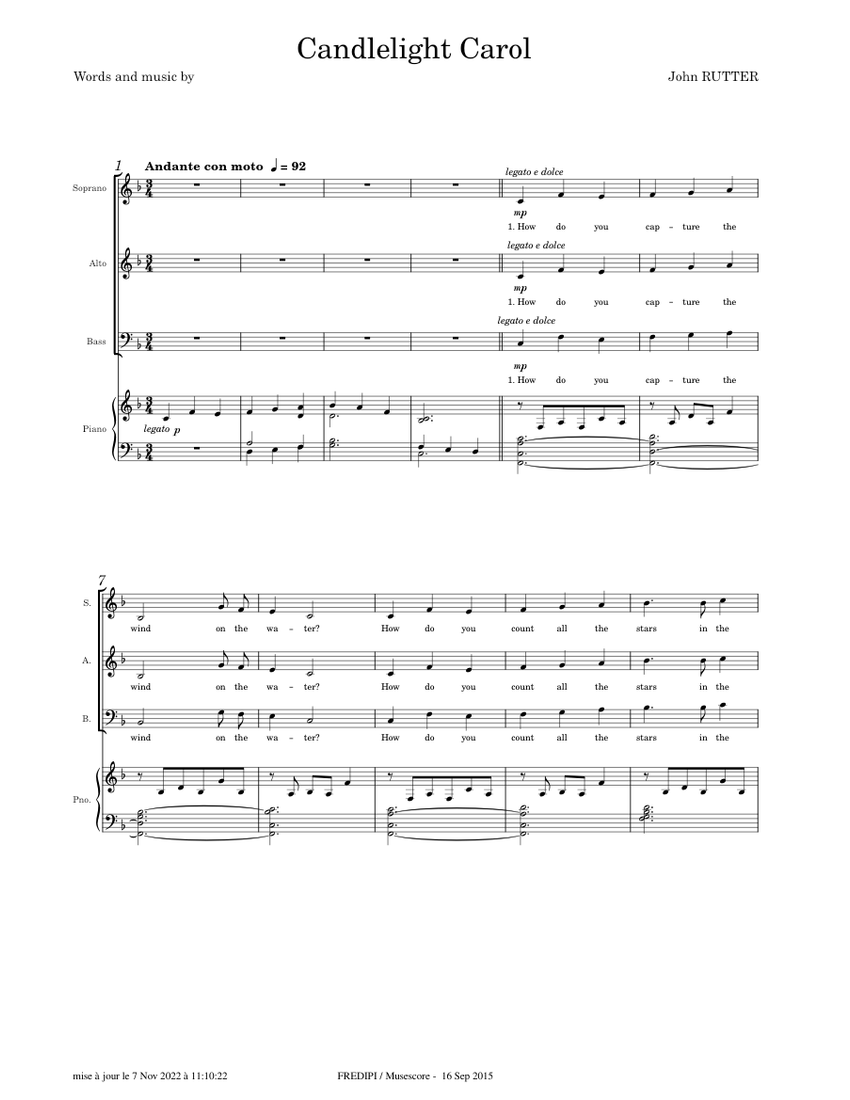 Candlelight Carol – John Rutter , arr. SAB and Piano Sheet Music for ...