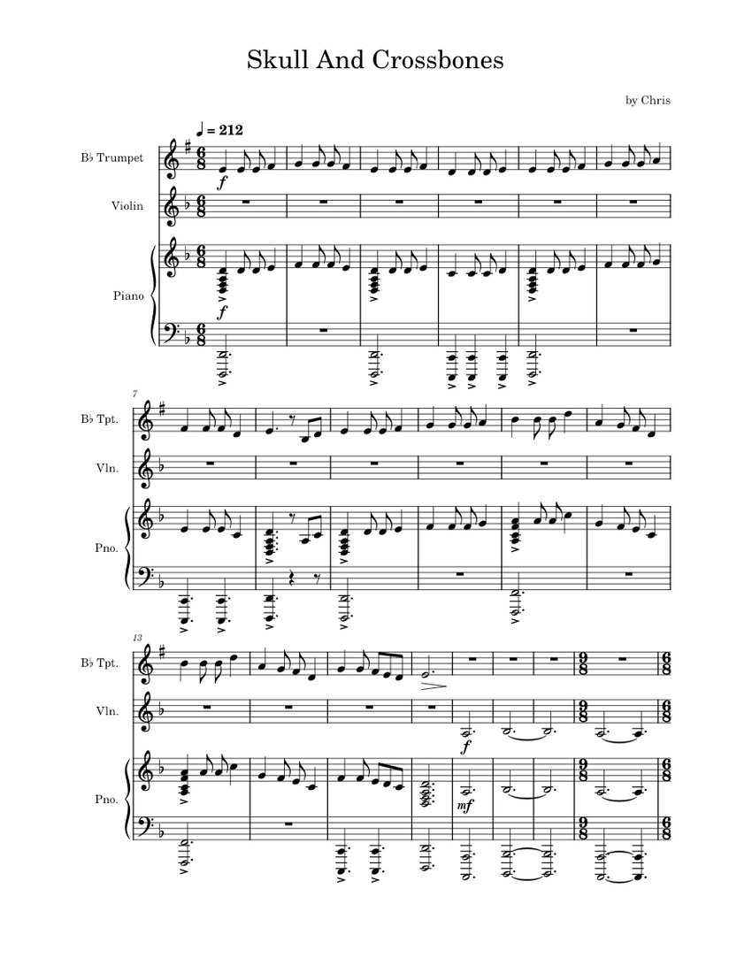 Skull And Crossbones Sheet Music for Piano, Trumpet in b-flat, Violin (Mixed Trio) | MuseScore.com