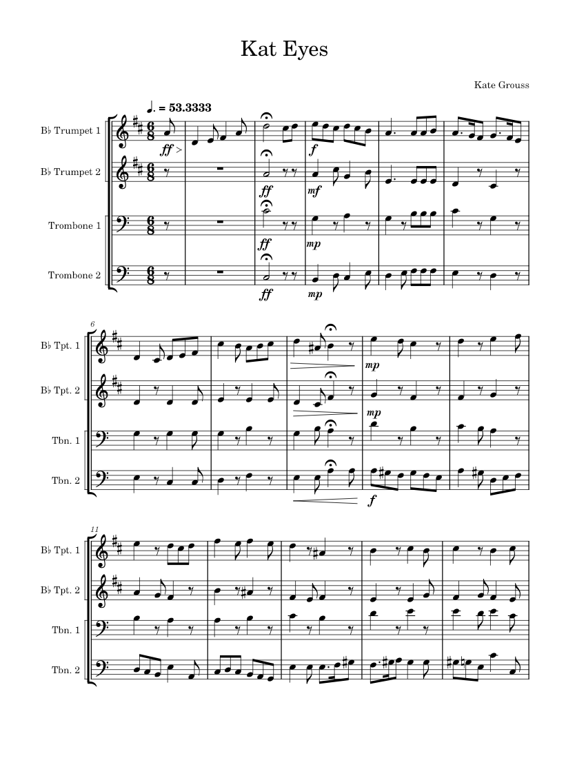 Kat Eyes Sheet Music for Trombone, Trumpet in b-flat (Brass Quartet ...