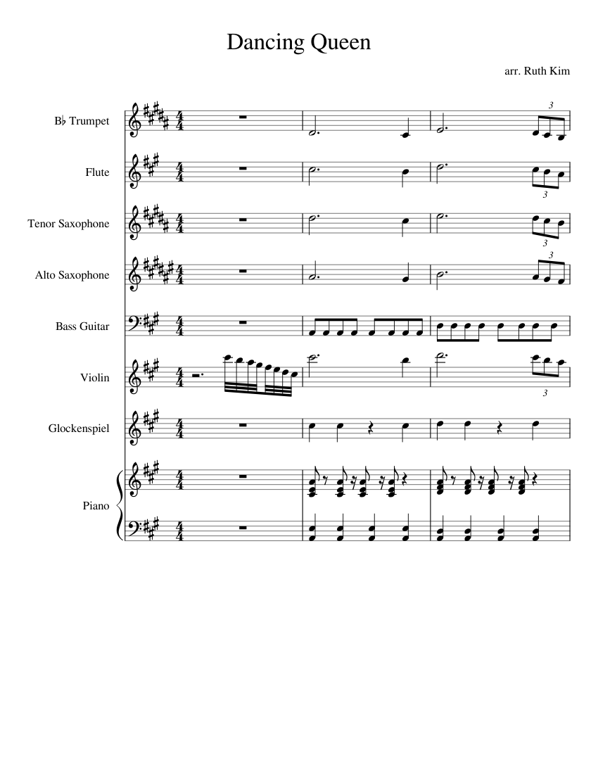 Dancing Queen Sheet Music for Piano, Flute, Saxophone alto, Saxophone ...