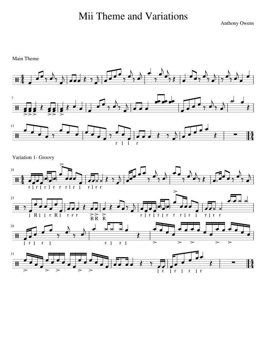Mii Theme and Variations for Quads Sheet music for Tenor drum (Solo ...