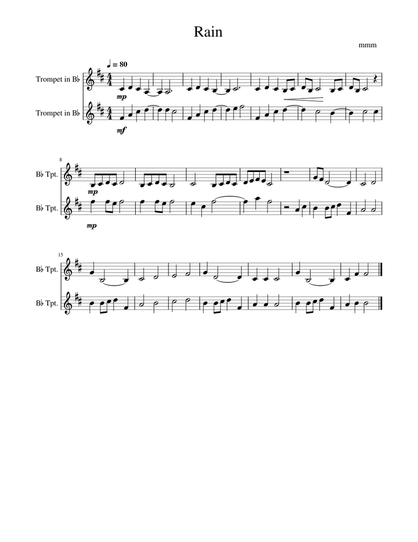 Rain Sheet Music for Trumpet in b-flat (Brass Duet) | MuseScore.com