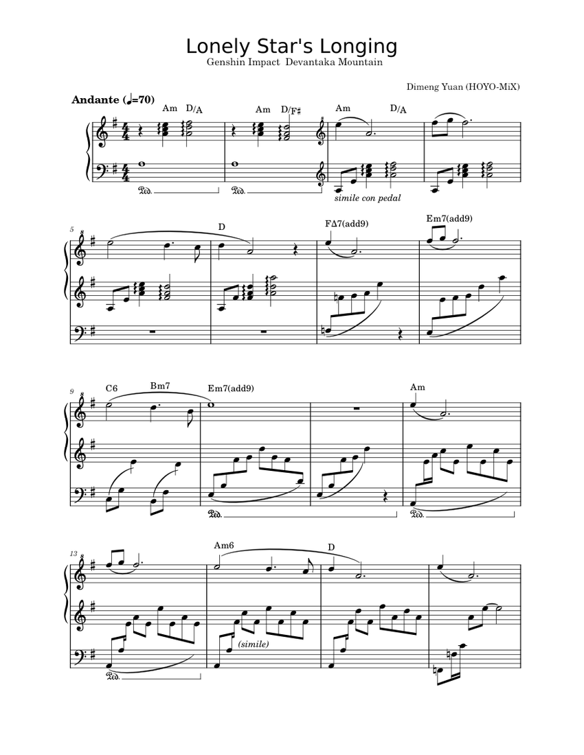 Lonely Star's Longing (Genshin Impact) – Dimeng Yuan Sheet music for ...