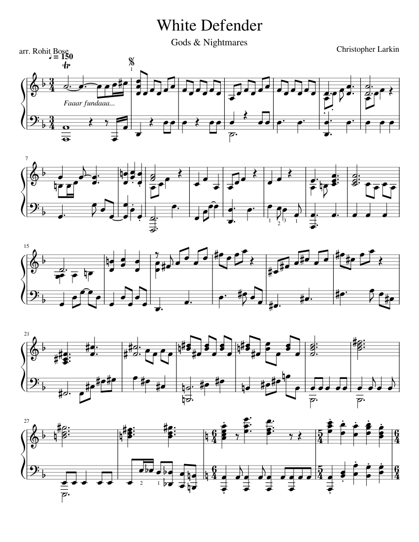 Gods & Nightmares - White Defender Sheet Music for Piano (Solo ...