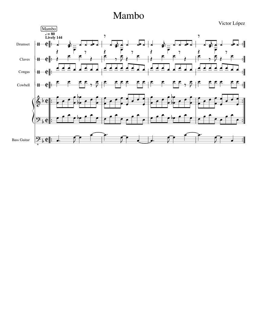 Practice Mambo Rhythm 4 bars Sheet Music for Piano, Bass guitar, Drum ...