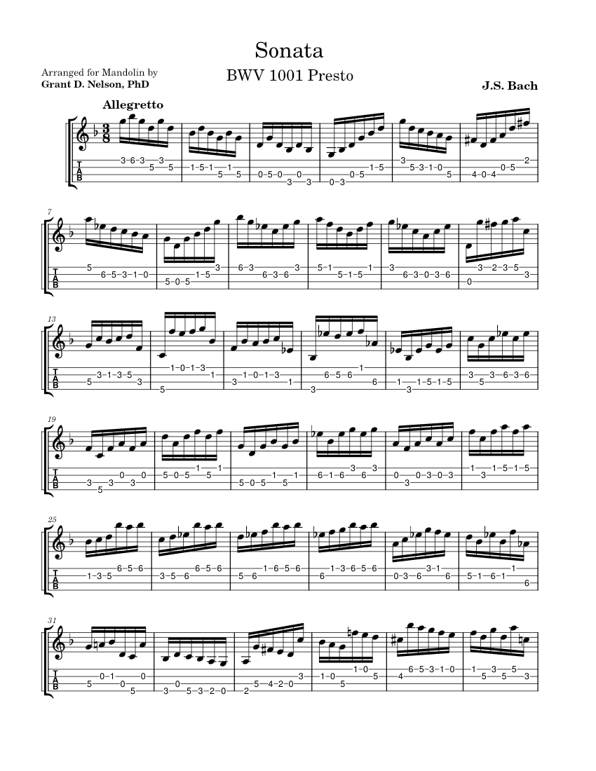 Sonata, BWV 1001, Presto – J. S. Bach for Mandolin Sheet Music and Tab ...