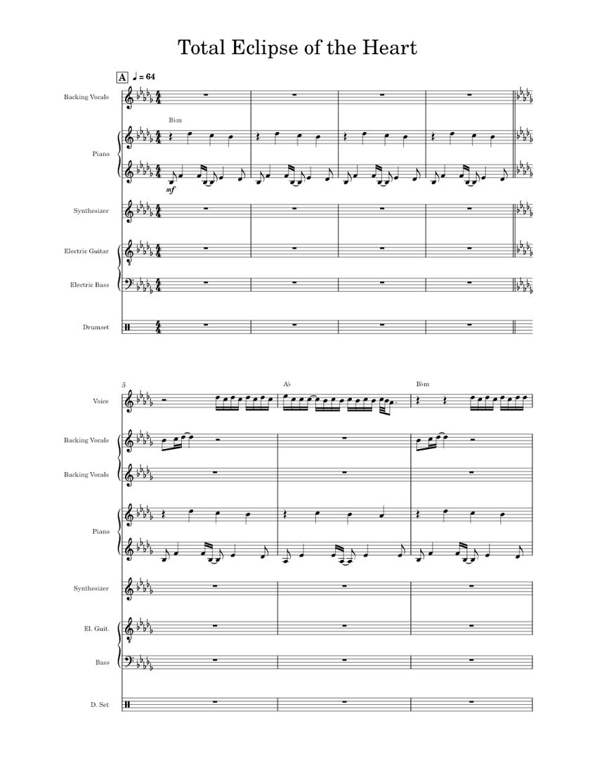 Total Eclipse of the Heart Sheet Music for Piano, Vocals, Guitar, Bass ...