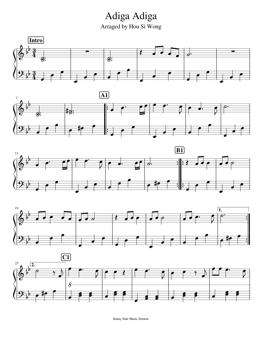 Adiga Adiga Sheet Music for Piano (Solo) Easy | MuseScore.com