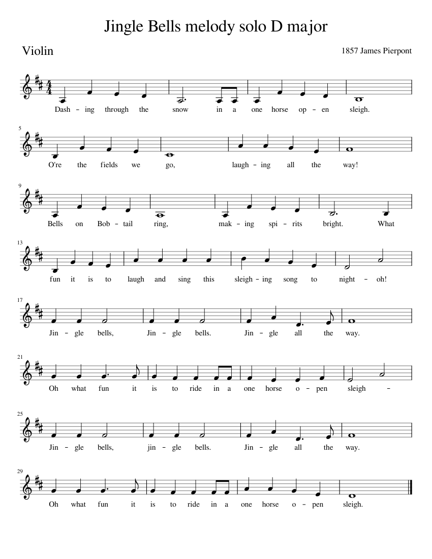 Jingle Bells Melody Solo Violin Sheet Music for Piano (Solo) easy ...
