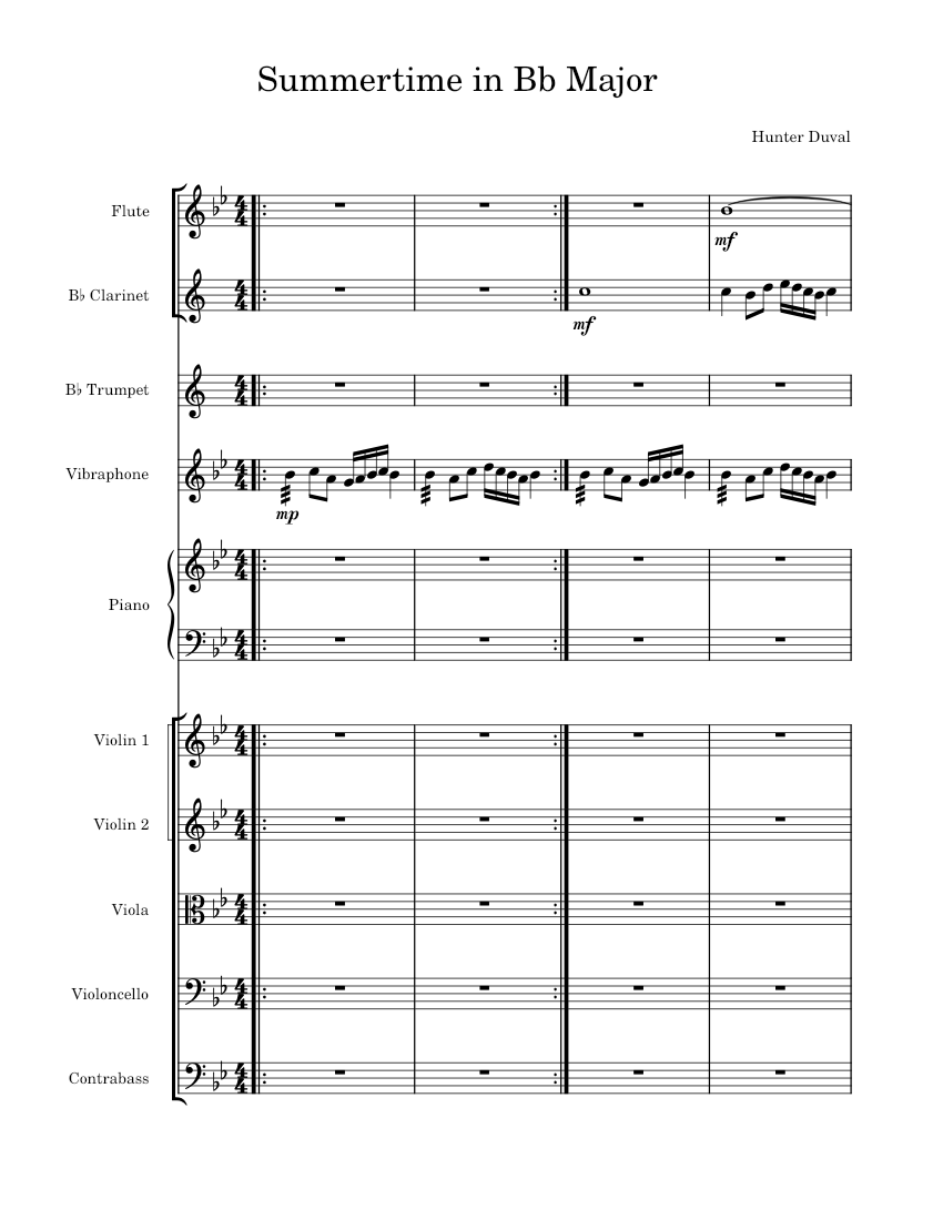 Summertime in Bb Major Sheet Music for Piano, Flute, Clarinet in b-flat ...