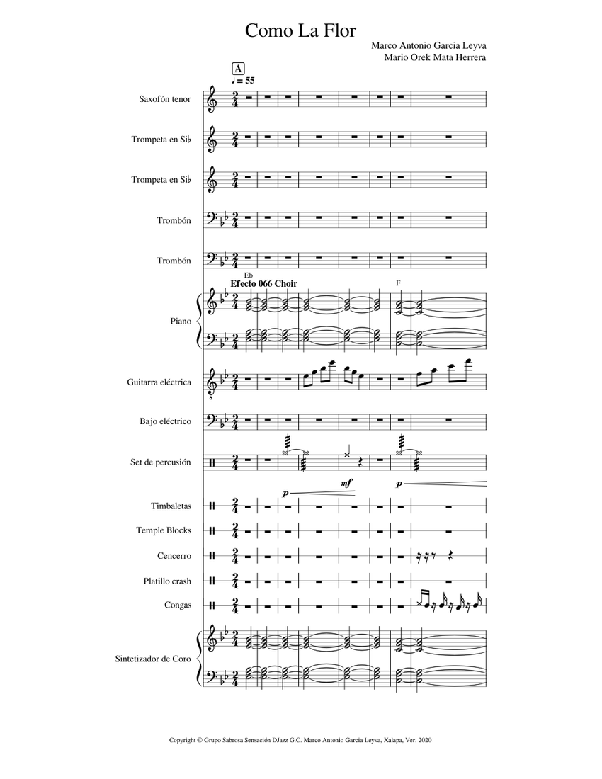 Como La Flor Sheet Music for Piano, Trombone, Saxophone tenor, Trumpet ...
