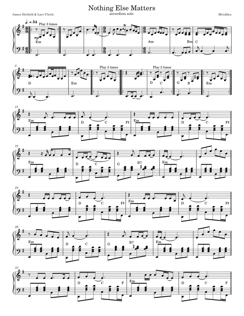 Nothing else matters – Metallica Sheet Music with Chords for Accordion ...