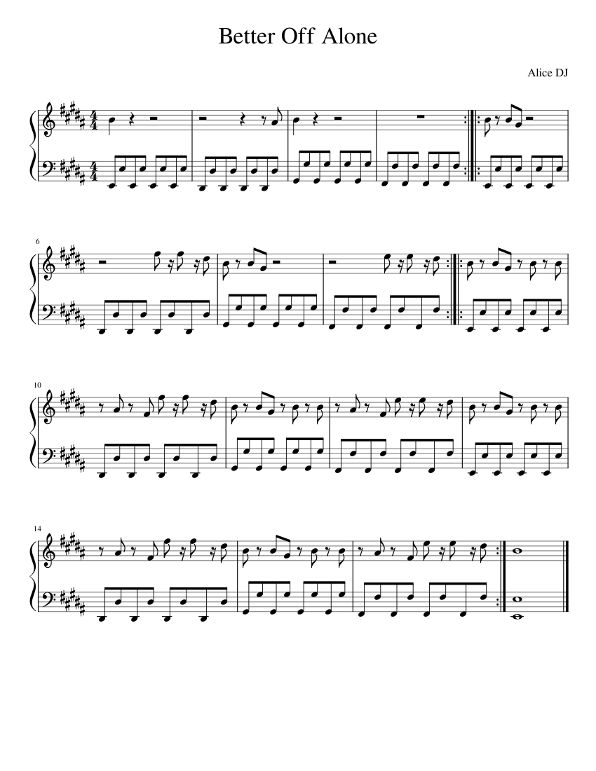 Better Off alone – Alice DJ Sheet Music for Piano (Solo) Easy ...