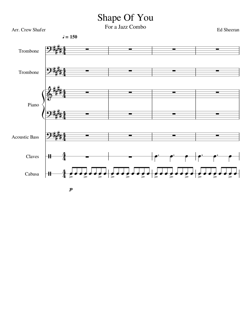 Shape Of You Sheet music for Piano, Trombone, Bass guitar, Claves ...