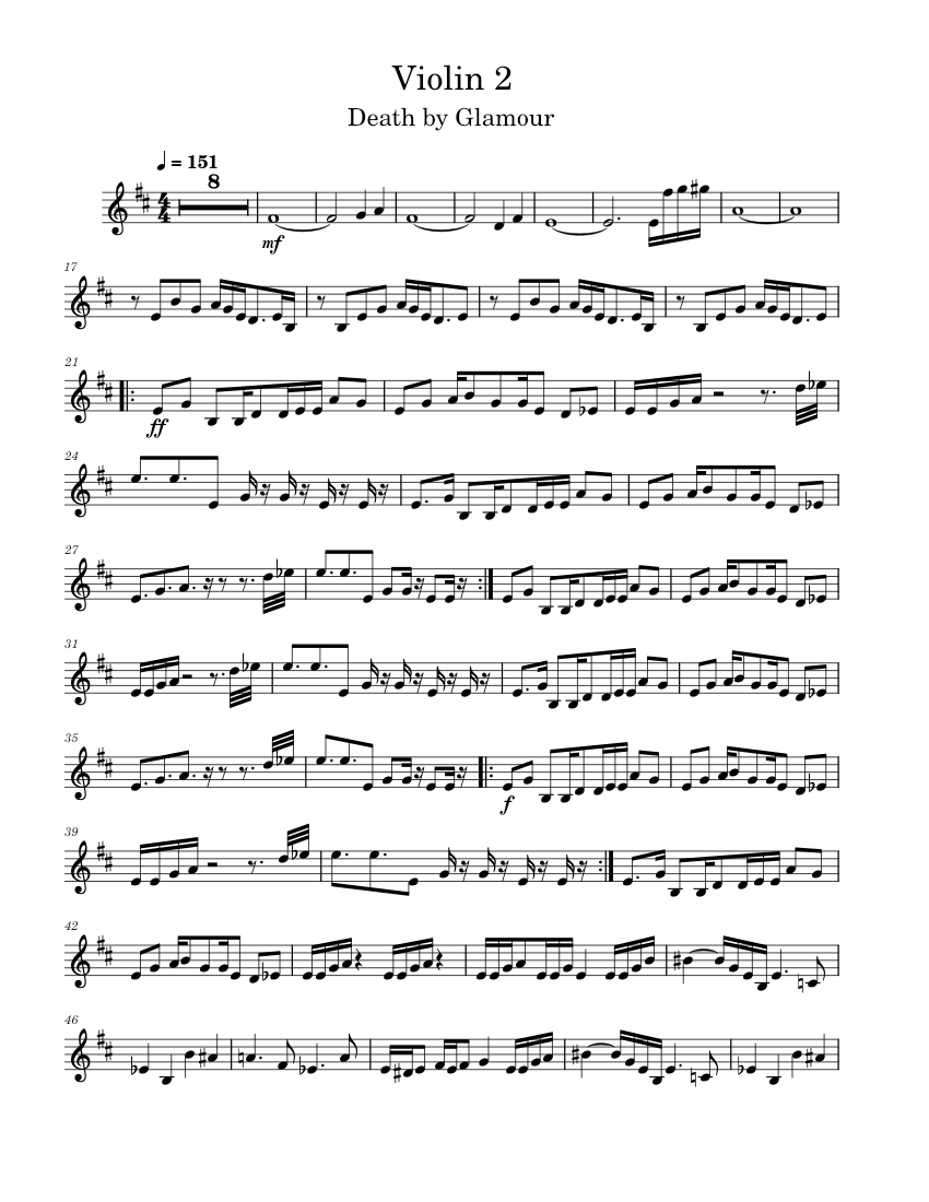 Violin 2- Death by Glamour Sheet music for Violin (String Ensemble ...
