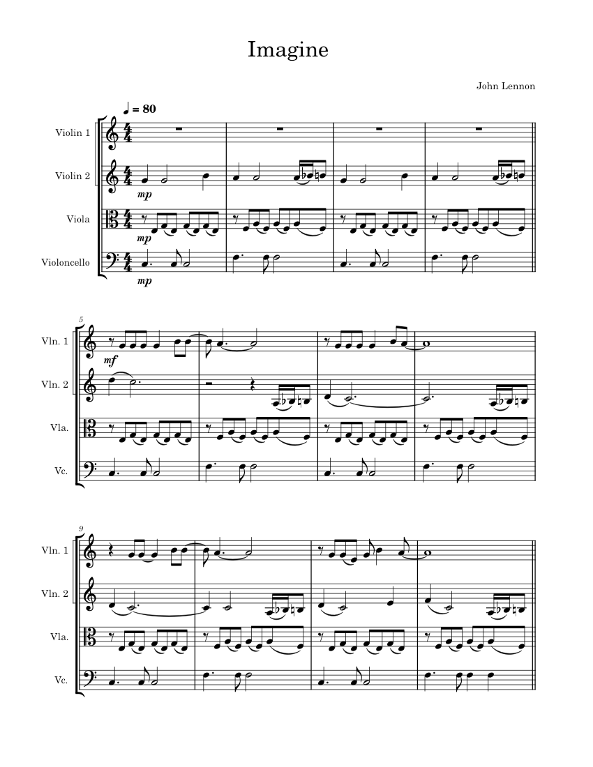 Imagine Sheet Music for Violin, Viola, Cello (String Quartet ...