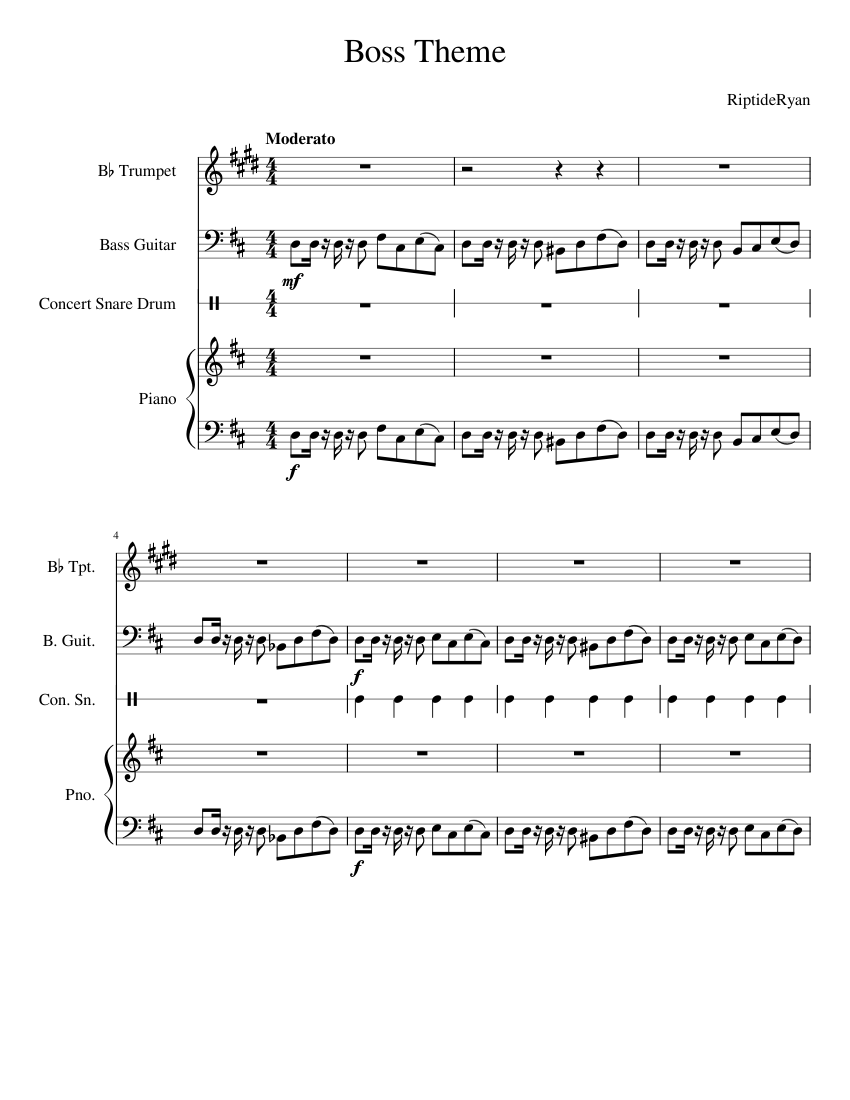 Boss Theme Sheet Music for Piano, Trumpet in b-flat, Snare drum, Bass ...