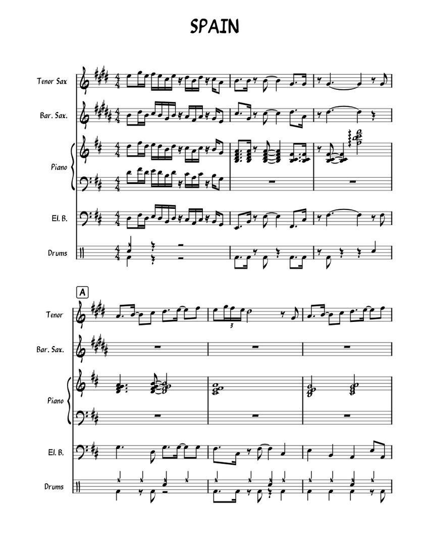 SPAIN Sheet music for Piano, Saxophone tenor, Saxophone baritone, Bass ...
