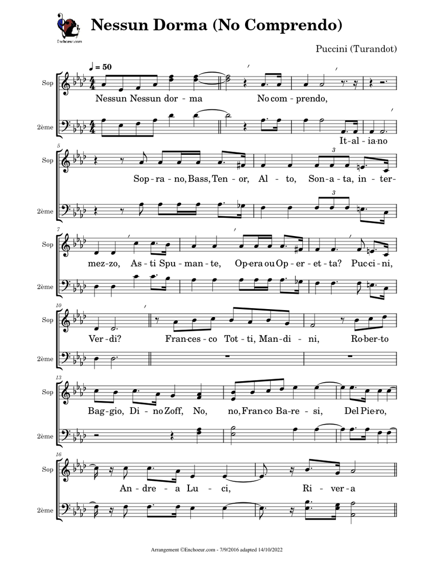 Nessun Dorma - No Comprendo Sheet music for Piano (A Capella ...