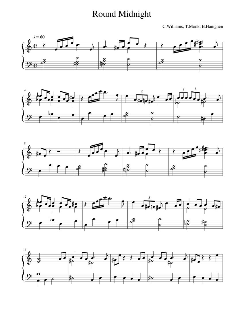 Round Midnight - Thelonius Monk Sheet music for Piano (Solo) Easy ...