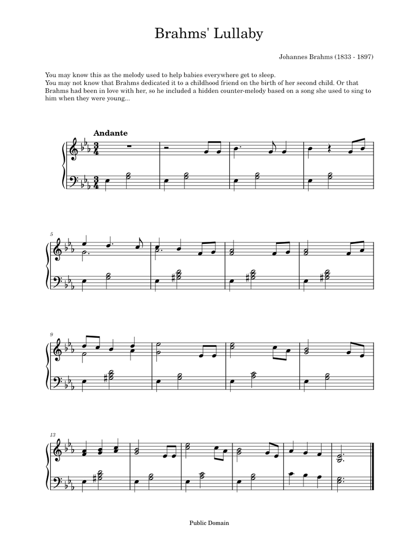 Brahms' Lullaby Sheet Music for Piano (Solo) easy | MuseScore.com