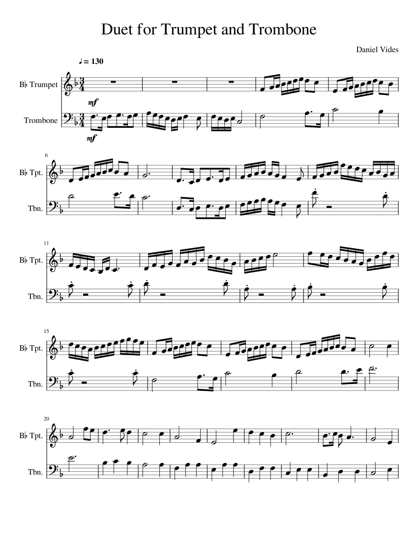 Duet for Trumpet and Trombone Sheet Music for Trombone, Trumpet in b ...