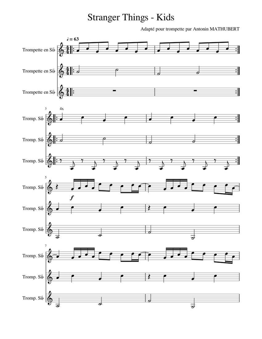 Stranger Things - Kids Sheet Music for Trumpet in b-flat (Mixed Trio ...