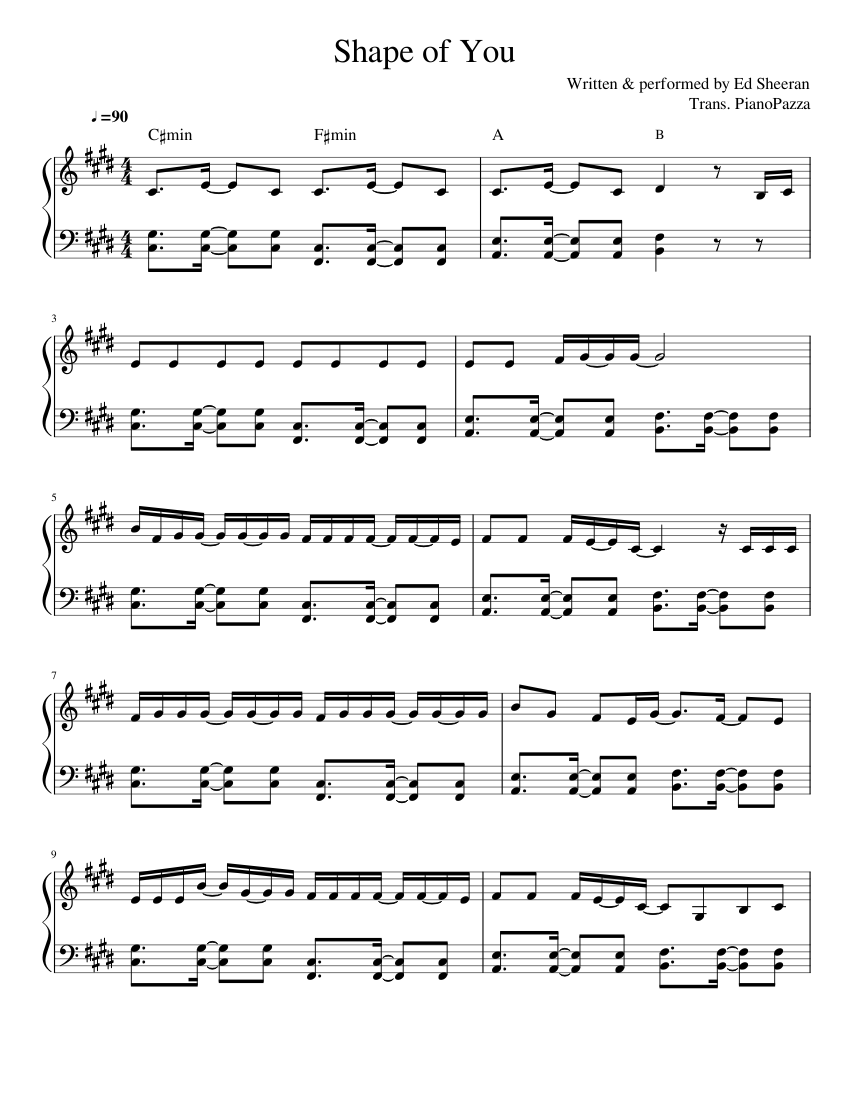 Sheeran Shape of You Sheet Music with Chords for Piano (Solo ...