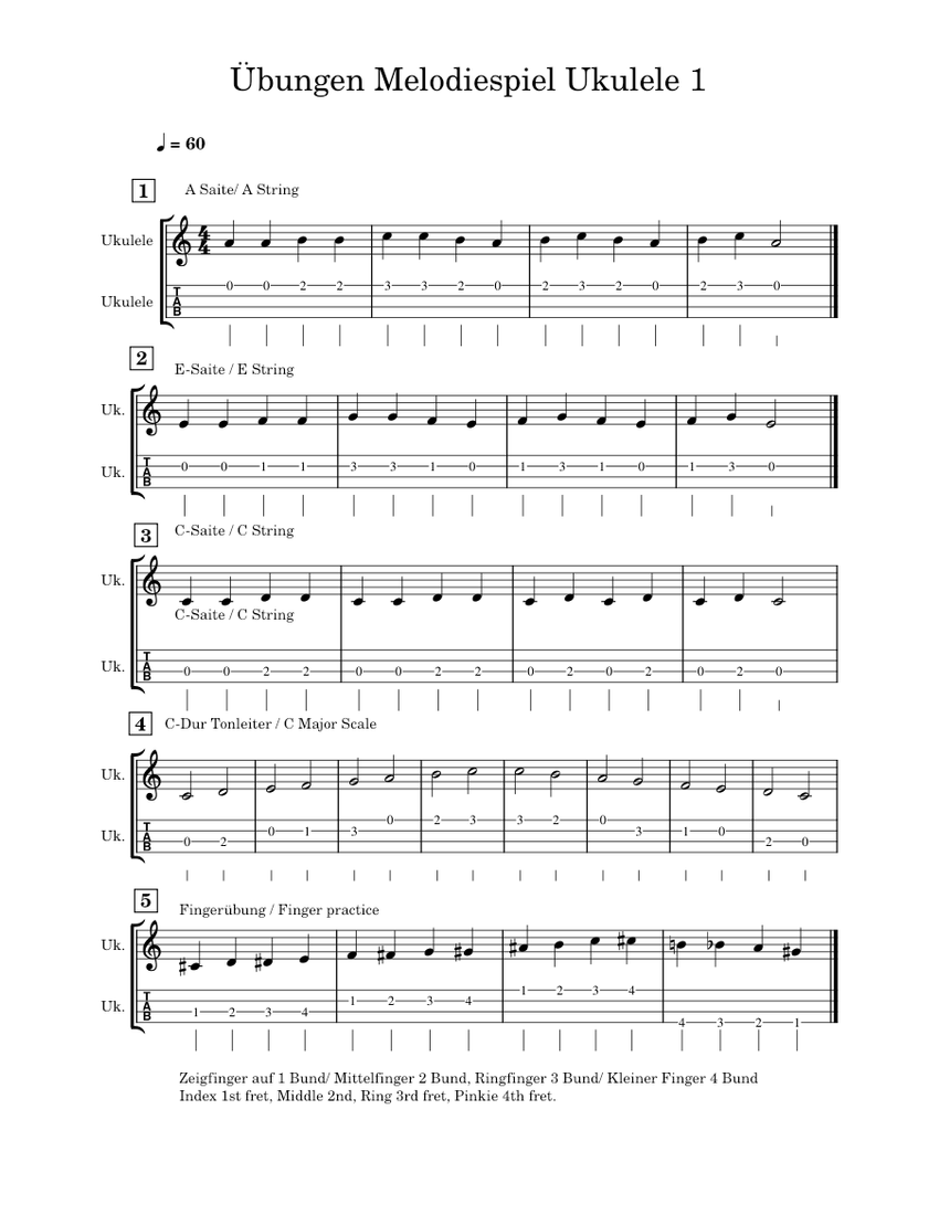 Uebungen Melodiespiel Ukulele 1 Sheet Music and Tab for Ukulele (Solo ...