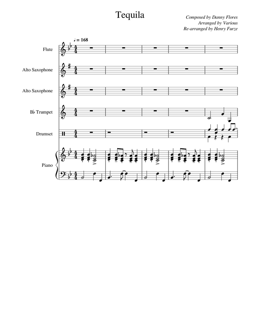 Tequila Sheet Music for Piano, Flute, Saxophone alto, Trumpet in b-flat ...
