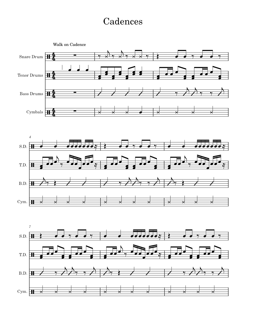 Cadences Part 1 Sheet music for Snare drum, Crash, Tenor drum, Bass ...