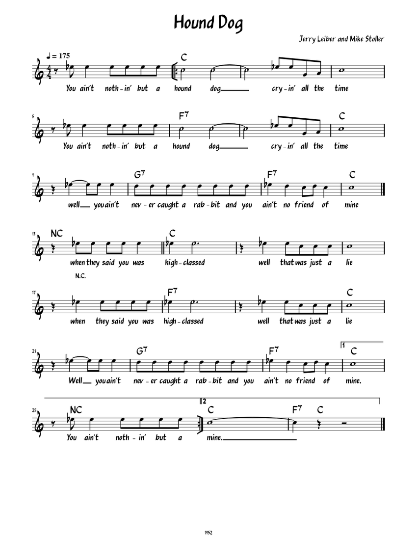 Hound Dog (Lead sheet with lyrics ) - piano tutorial