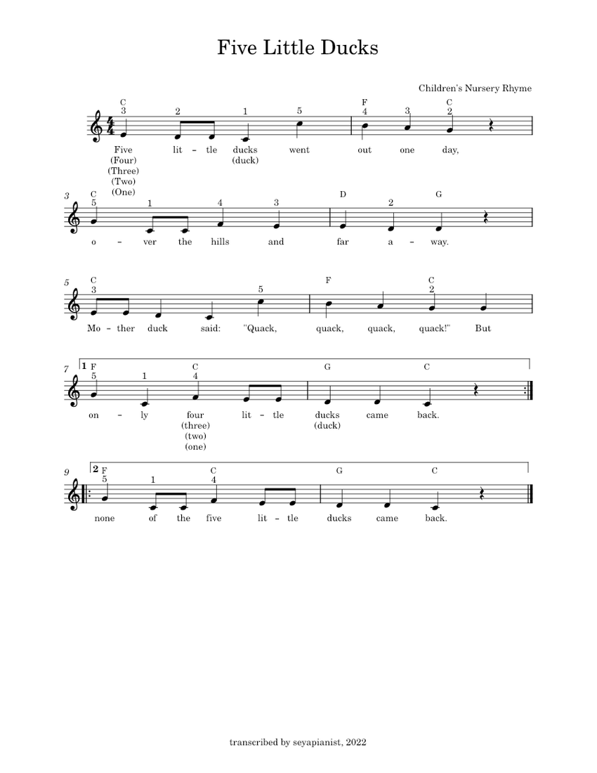 Five Little Ducks – Misc Traditional Sheet Music with Chords for Piano ...