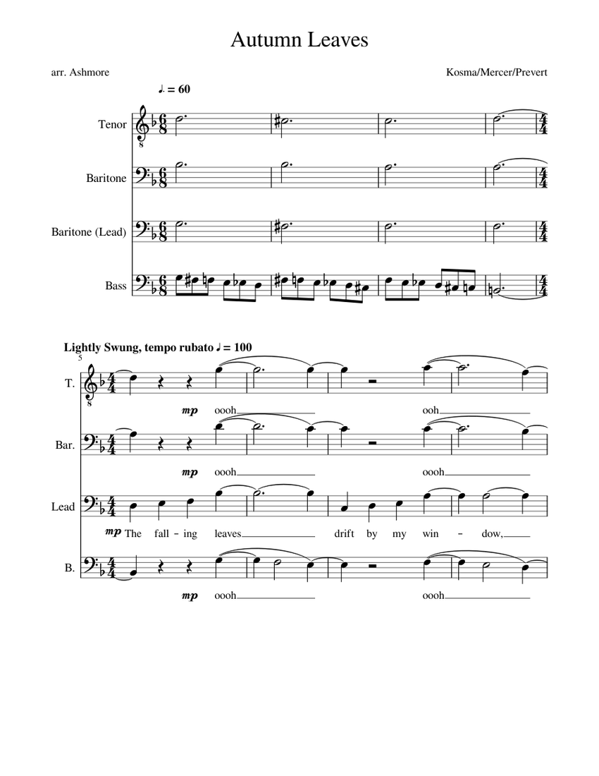 Autumn Leaves (Barbershop) Sheet Music for Tenor, Bass voice, Baritone ...
