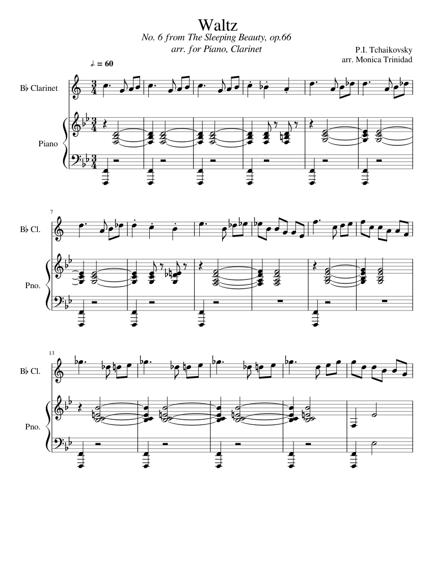 Sleeping Beauty Waltz Sheet Music for Piano, Clarinet in b-flat (Solo ...