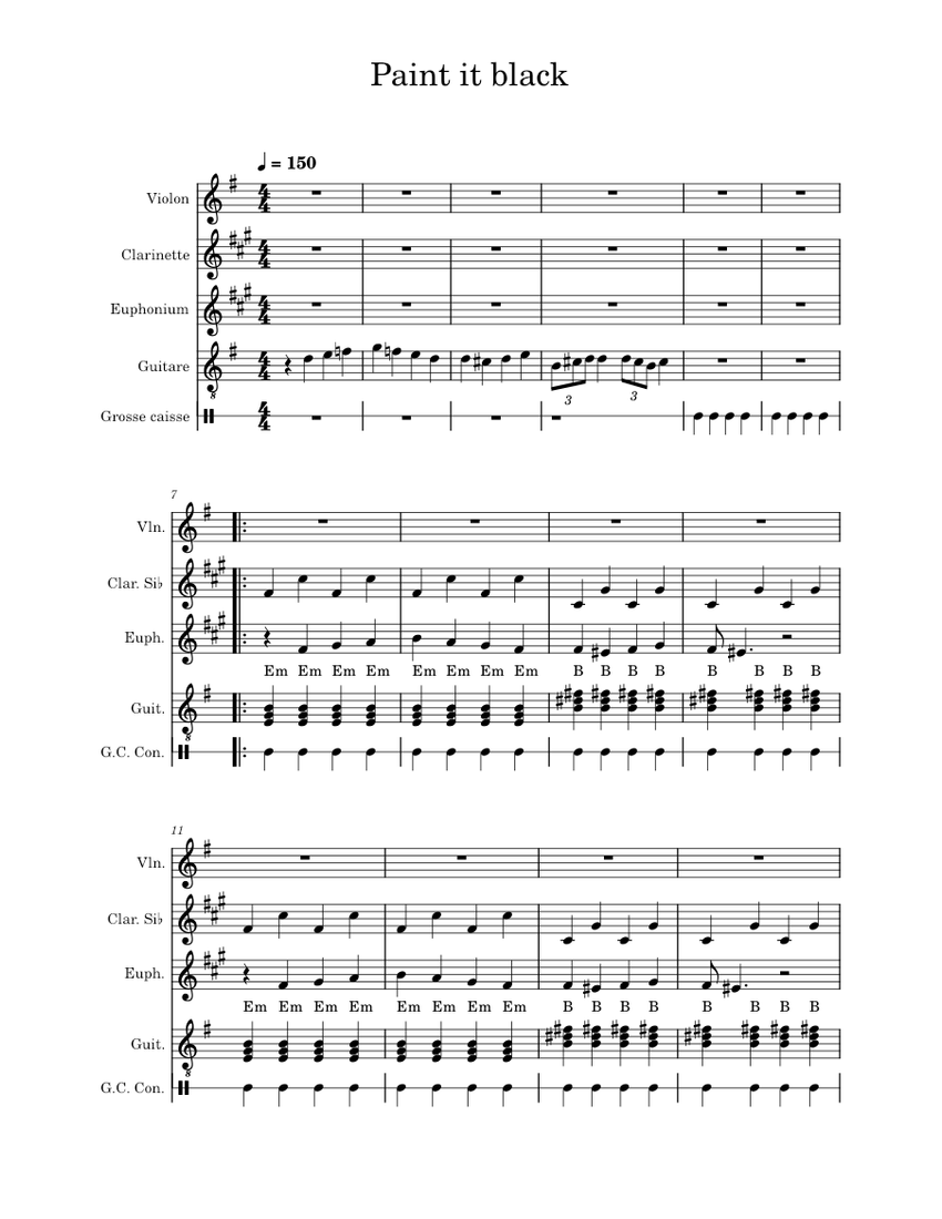 Paint it black Sheet music for Euphonium, Clarinet in b-flat, Violin, Guitar & more instruments ...
