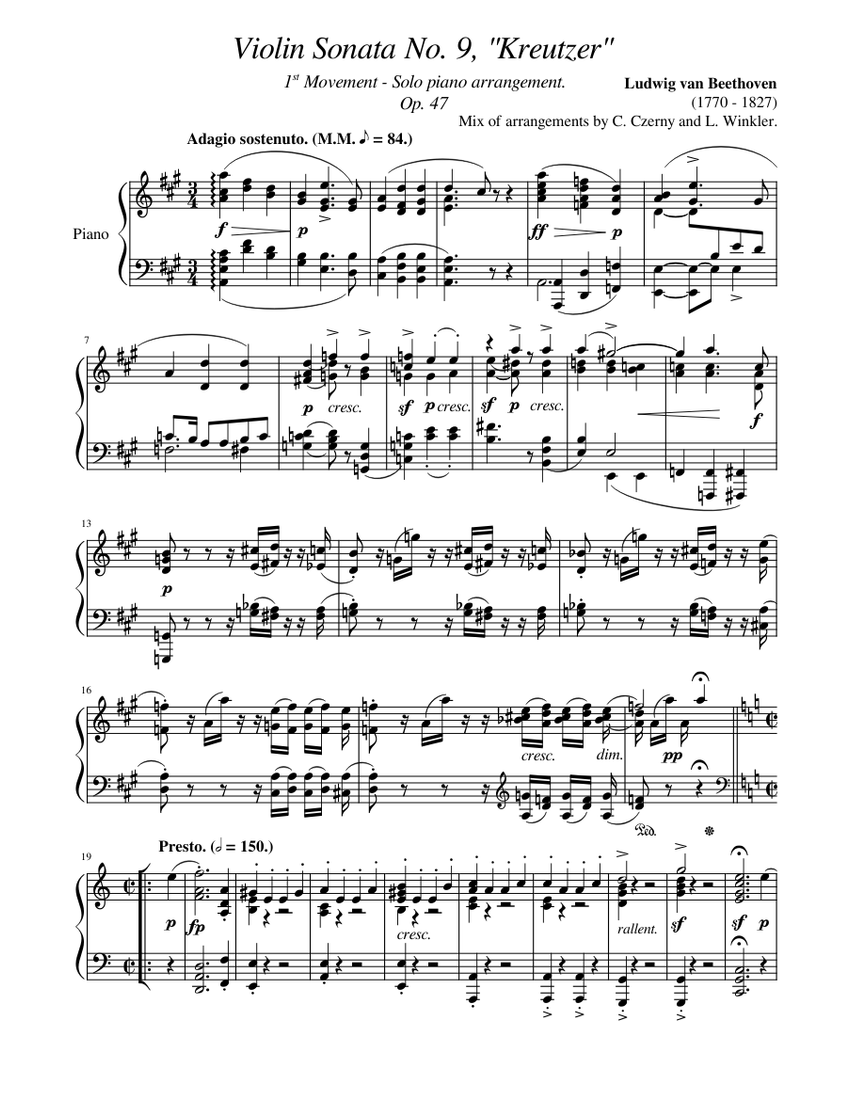 Ludwig van Beethoven - Violin Sonata No. 9 "Kreutzer" - Movement 1 - Solo Piano Arrangement ...
