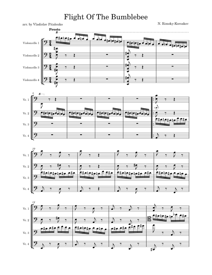 Flight of the Bumblebee – Nikolay Rimsky-Korsakov (4 cellos) Sheet ...