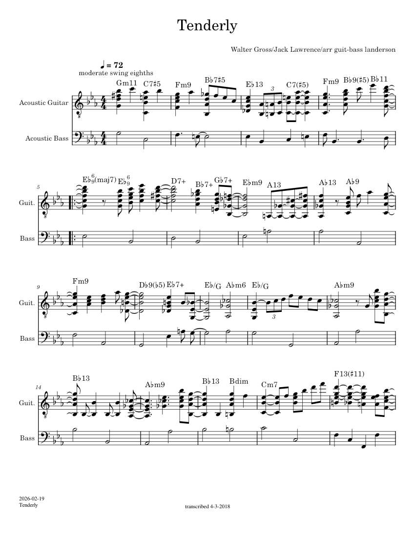 Tenderly – Walter Gross Sheet Music with Chords for Guitar, Bass guitar ...
