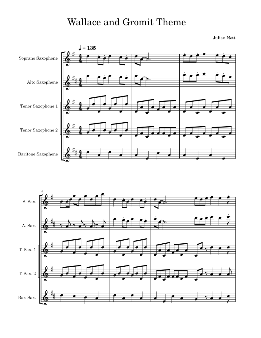 Wallace and Gromit Theme – Julian Nott Sheet Music for Saxophone alto, Saxophone tenor ...